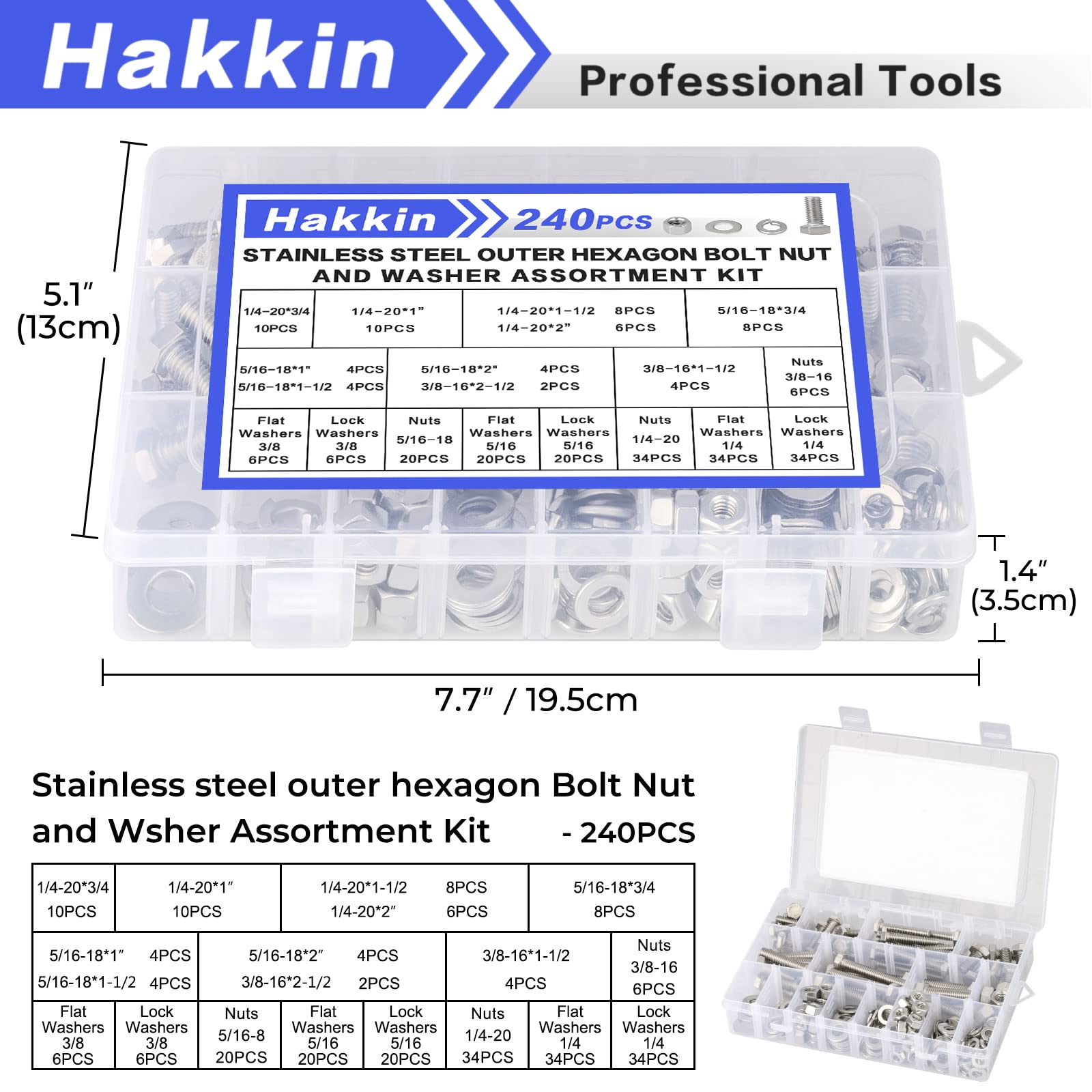Hakkin 240Pcs Hex Bolts and Nuts Kit Stainless Steel Spring Washers Assortment Kit, 3/8" 1/4" 5/16", 10 SAE Sizes Machine Screws Set with Storage Case