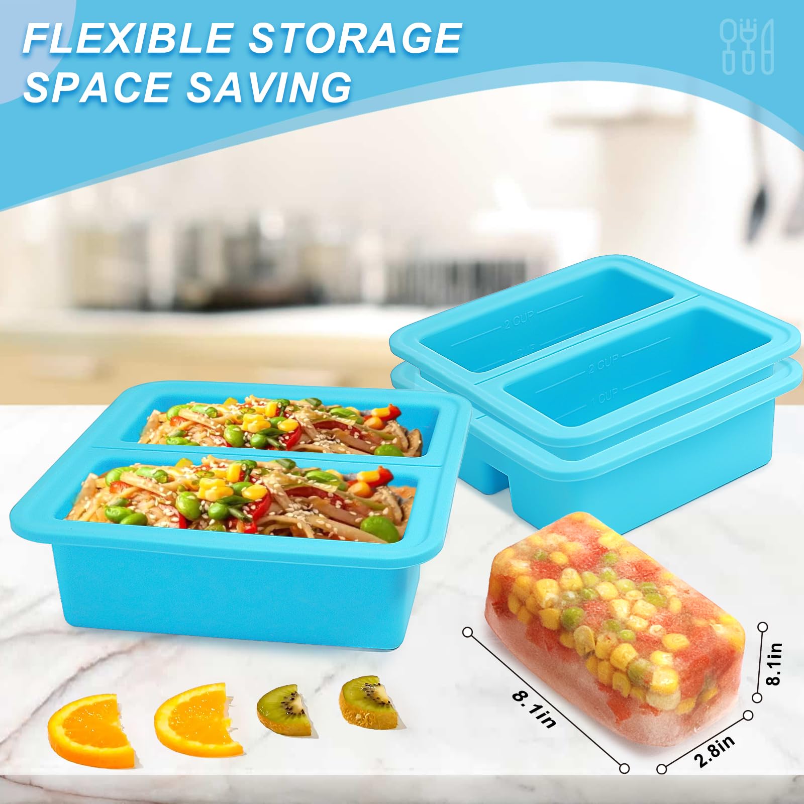 2pack Silicone Freezer Tray for Soup Cube Silicone Freezing Tray with Lid,Large Ice Cube Tray freezer Food Molds,Store Soup,Sauce,Leftovers - Makes Perfect cube storage Silicone Molds ice(2 CUP/2Pack)