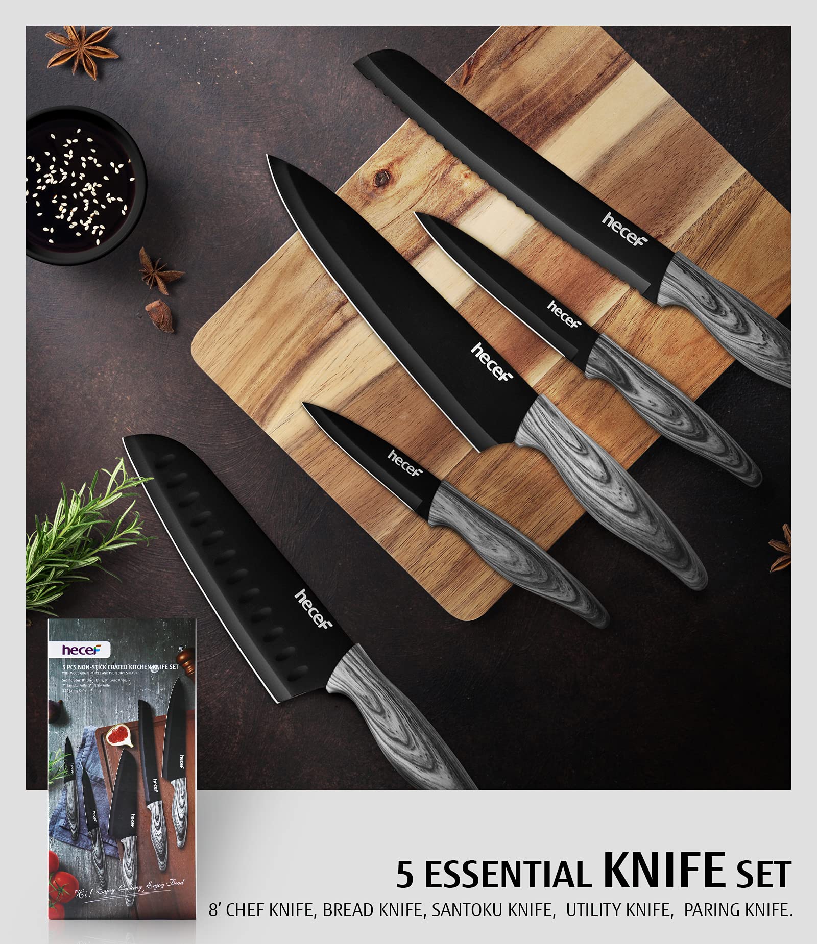hecef 5 PCS Non-stick Coated Kitchen Knife Set with PP Handle and Protective Sheath, Exclusive Black Chef knife set, Scratch Resistance & Rust Proof (Wood Grain)