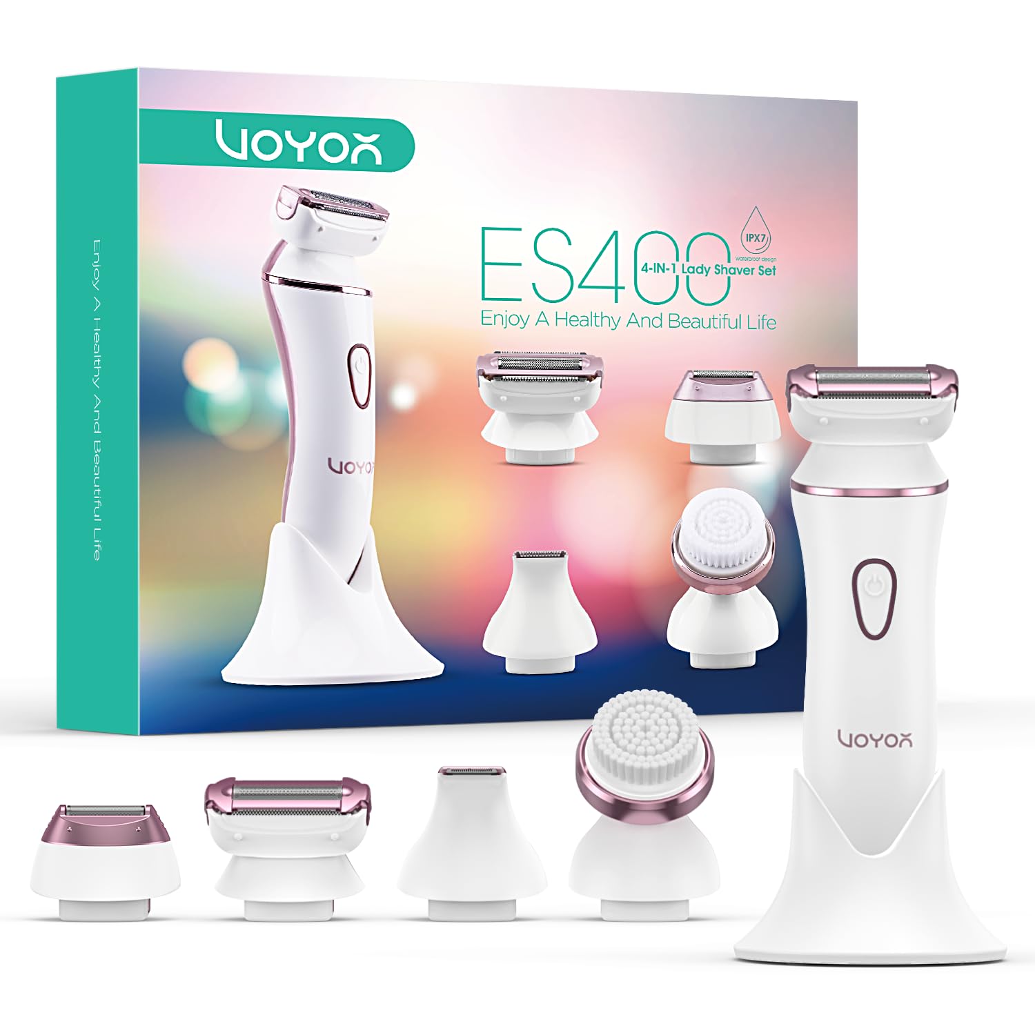 VOYOR Electric Razor for Women - Rechargeable Shaver Wet & Dry Painless Bikini Trimmer Cordless Lady Shavers for Body and Underarms IPX7 Waterproof Hair Removal Set with Face Brush ES400