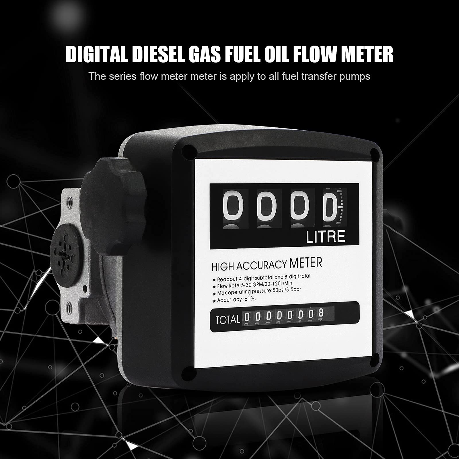 Fuel Flow Meter 1 Inch Gauge 3 Digital for Diesel Tank Transfer Pump Counter ±1% High Accuracy 32 GPM 142 PSI Gas Oil Flowmeters 20-120 LPM