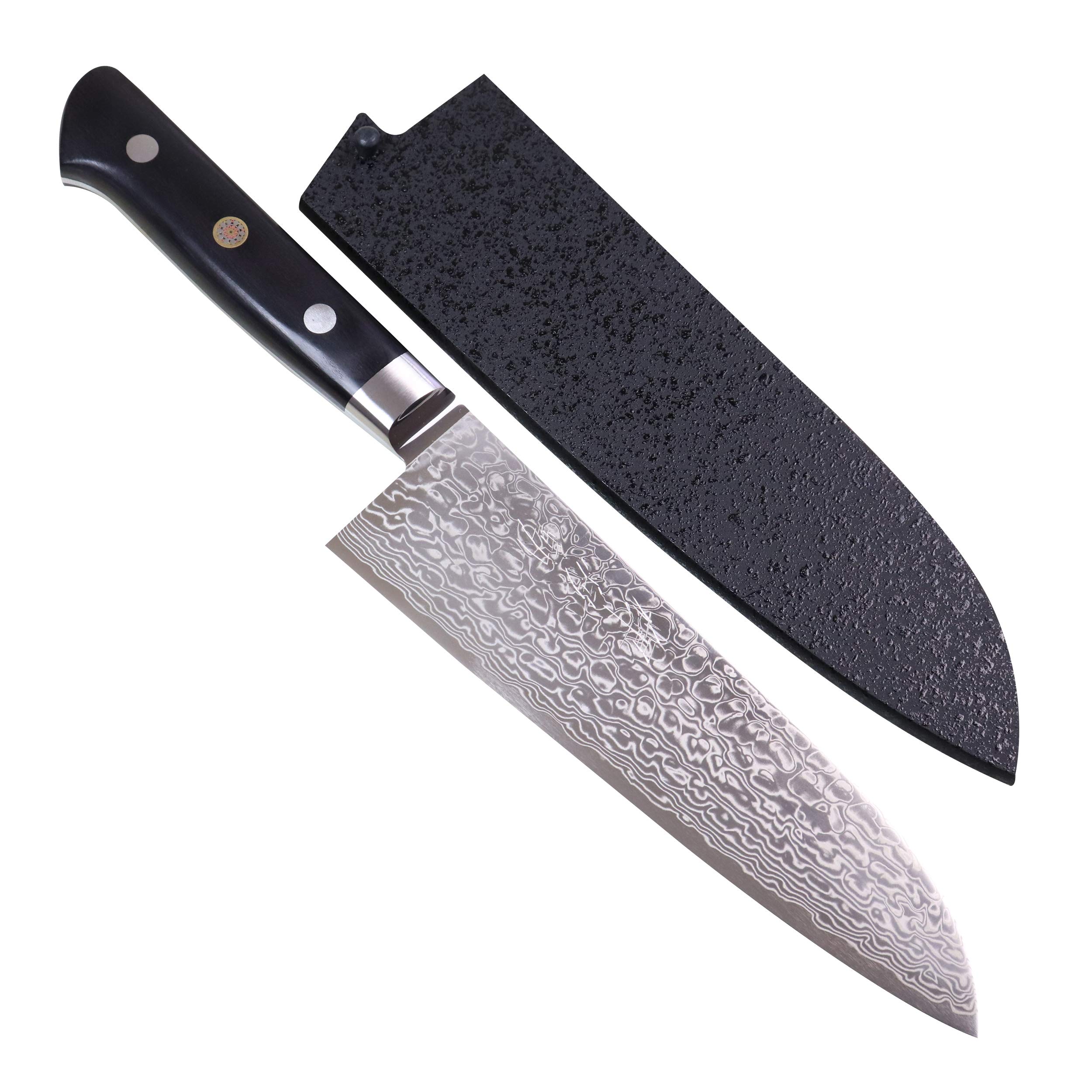 JCK ORIGINAL Kagayaki Japanese Chef’s Knife, KGRP-2 Professional Santoku Knife, Polished Patterned Damascus Stainless Steel with Ergonomic Black Pakka Wood Handle, 6.8 inch