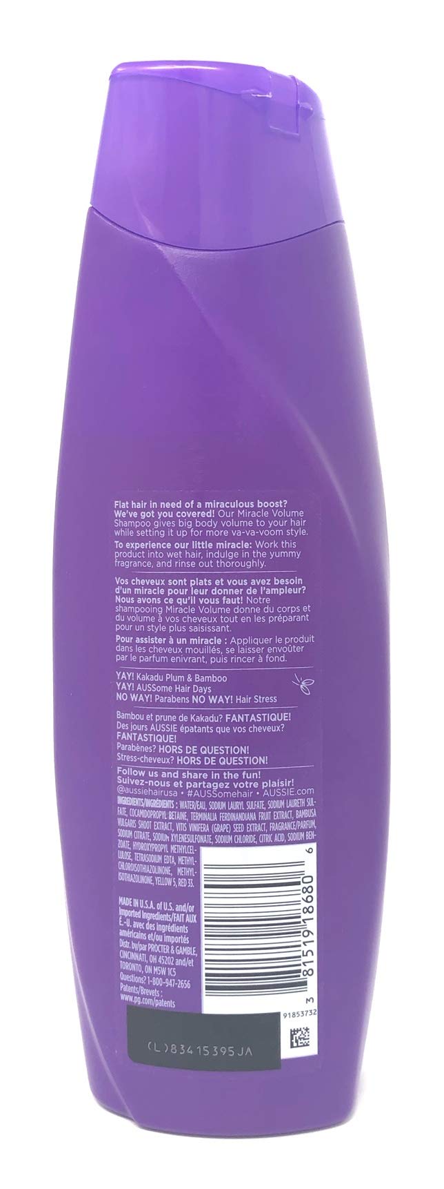 Aussie For Fine Hair, Paraben-free Miracle Volume Shampoo, W/Plum and Bamboo, 12.1 oz (Pack of 2)
