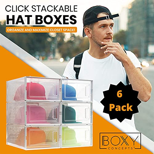 Boxy Concepts Plastic Hat Organizer for Baseball Caps (6-Pack) Easy Assembly, Stylish, Dust-Proof, Transparent, Stackable with Odor Vents. Ideal Holder, Case or Hat Rack Storage System 13β x 5.5β x 9β