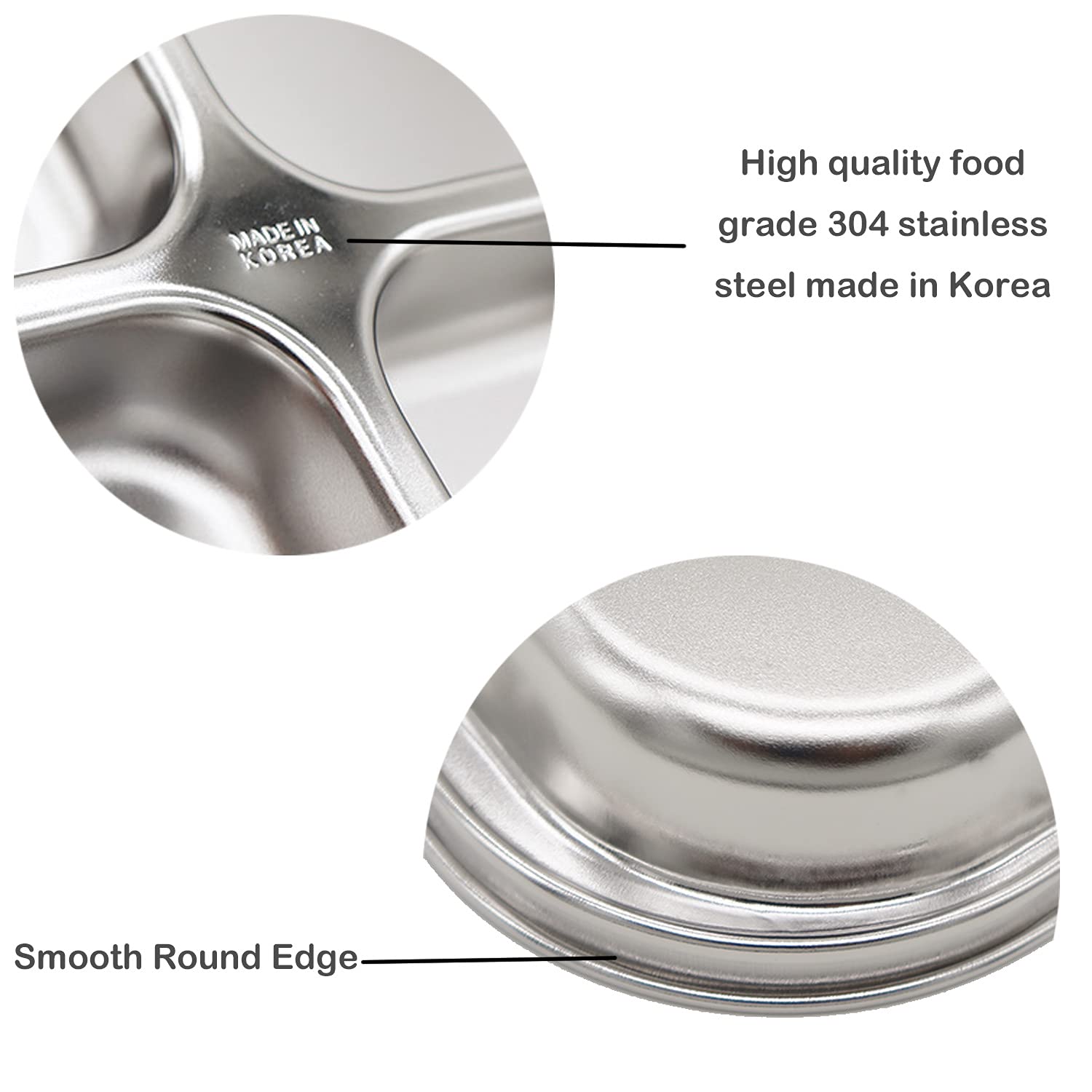 Korean Stainless Steel Divided Plates by KS&E, Little Kids Toddlers Babies Tray, BPA Free, Diet Food Control, Compact Serving Platter, Dinner Snack, 4 Compartment Plate Silver, Set of 2