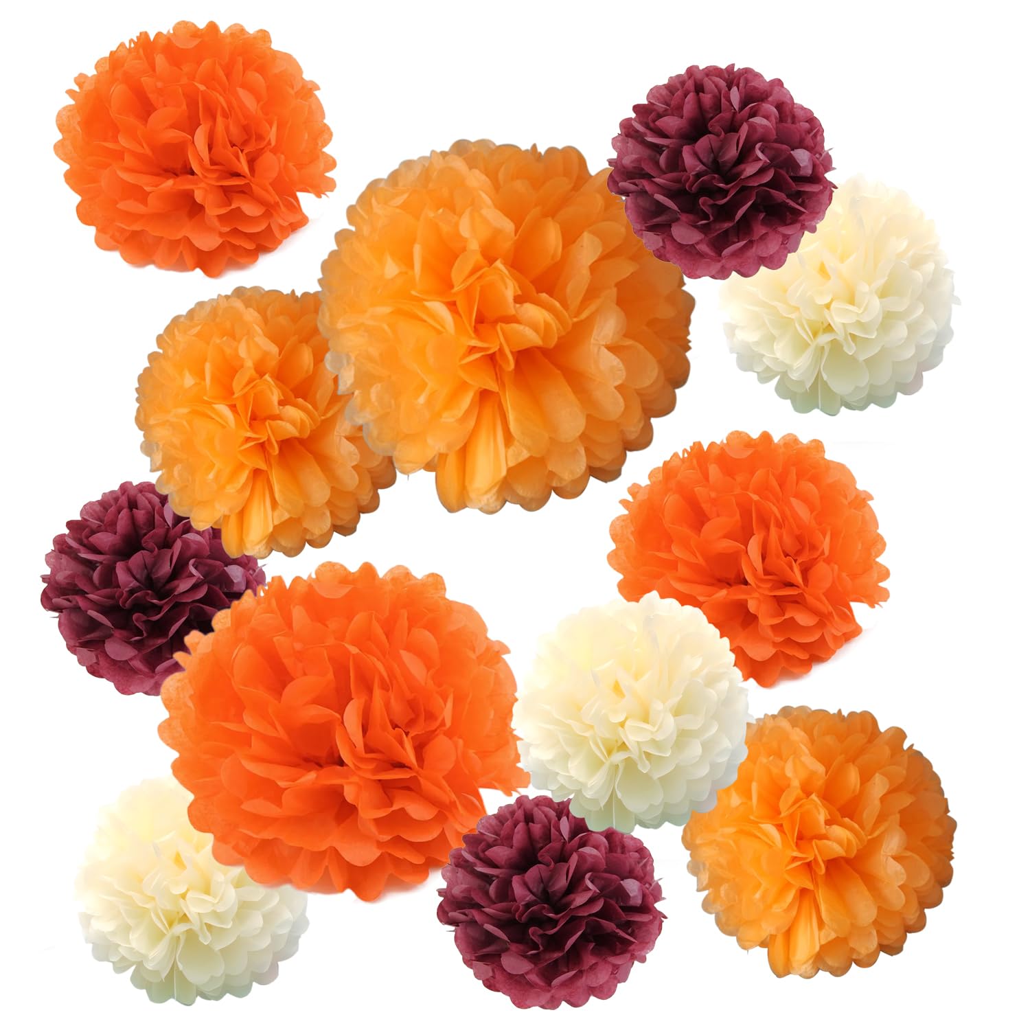 12-Piece Maroon Burgundy Orange Little Pumpkin Party Tissue Pom Poms Paper Flowers Centerpieces Fall Thanksgiving Baby Bridal Shower Wedding Birthday Party Nursery Table Wall Garden Hanging Décor