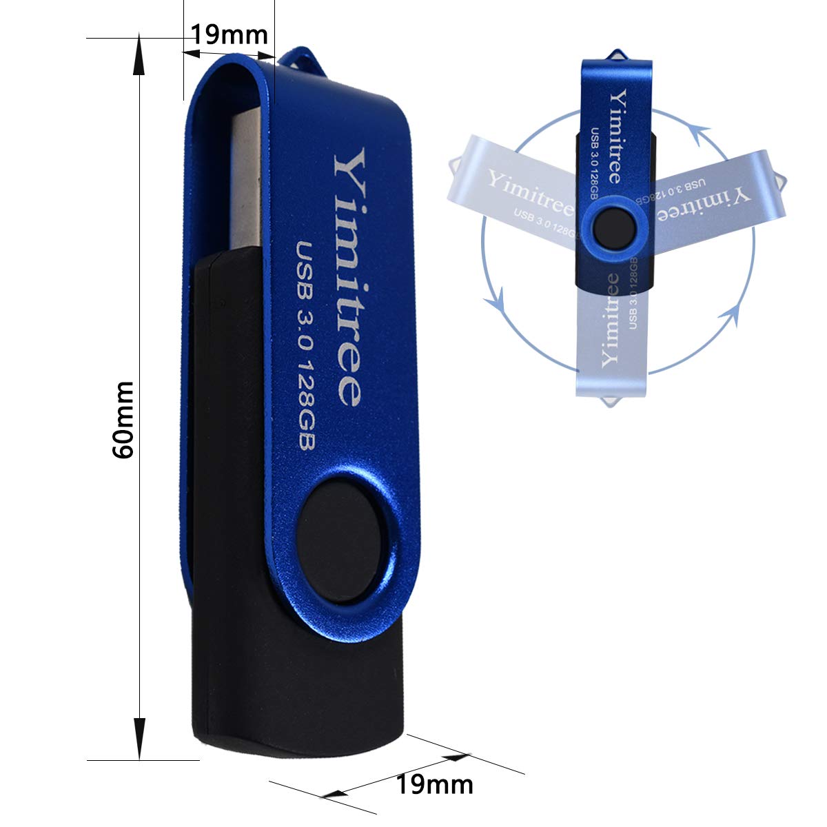 128GB USB 3.0 Flash Drive, Ymitree Pen Drive Thumb Drive Pendrive Rotate 360 Degrees USB Memory Stick Jump Drive (Blue)