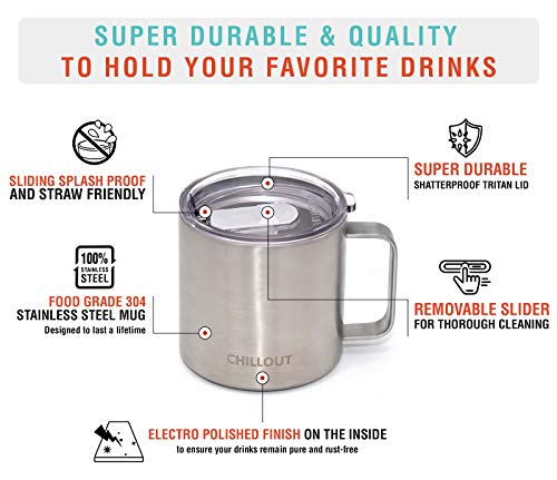 CHILLOUT LIFE Stainless Steel 16 oz Vacuum Insulated Coffee Mug with Handle and Lid, Large Thermal Camping Coffee Mug Cup with Durable Sliding Lid for Men & Women, Keeps your Beverages Hot & Cold