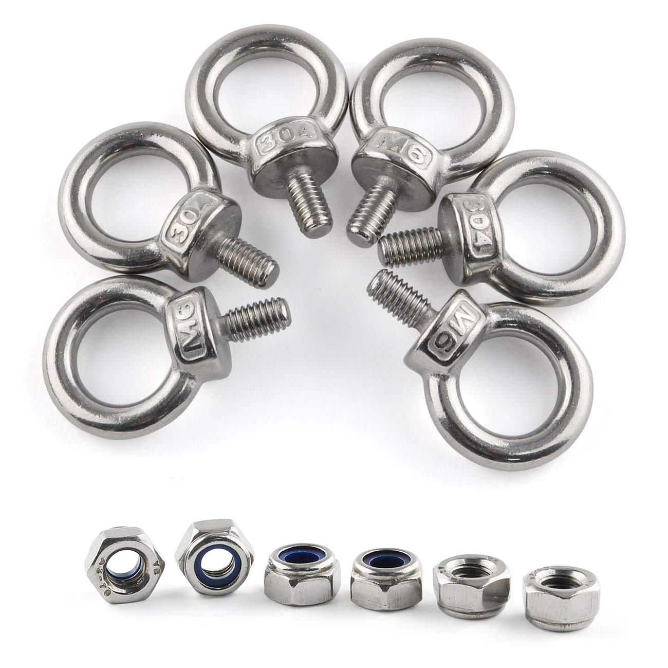 E-outstanding Eyebolt 6PCS M6x12 Male Thread Machinery Shoulder Lifting Ring Eye Bolt with M6 304 Stainless Steel Nylon Lock Nuts