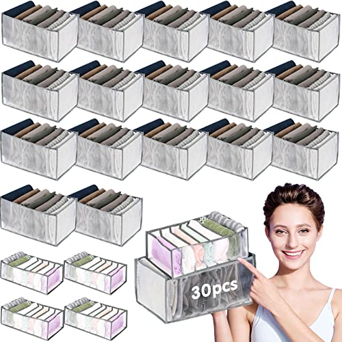 30 Pcs Wardrobe Clothes Organizer Clothing Drawer Organizer Foldable Mesh Closet Dividers Storage for Jeans, Trousers, T Shirts and Skirts (7 Grid)