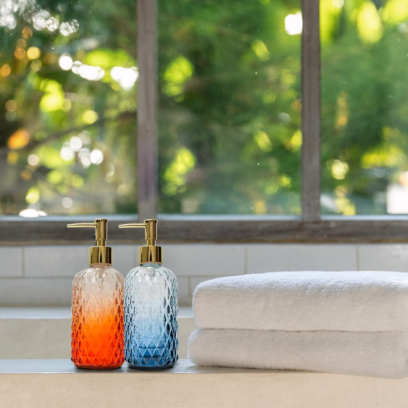 13oz Glass Soap Dispenser, Diamond Shaped Embossed Refill Hand Soap Clear Glass Bottle with Pump for Essential Oils, Liquid Soap, Detergent, Lotion (Transparent+Blue)