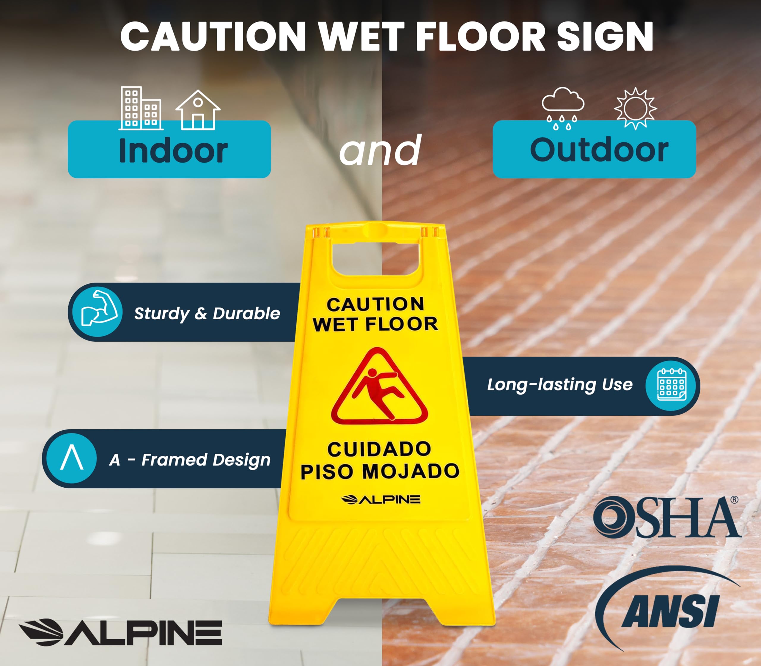 Alpine 24 Inch Caution Wet Floor Sign, High Visibility Yellow Caution Slippery When Wet Sign - Bilingual Safety Warning Sign to Easily Avoid Slippery Accidents in Businesses & High Traffic Areas
