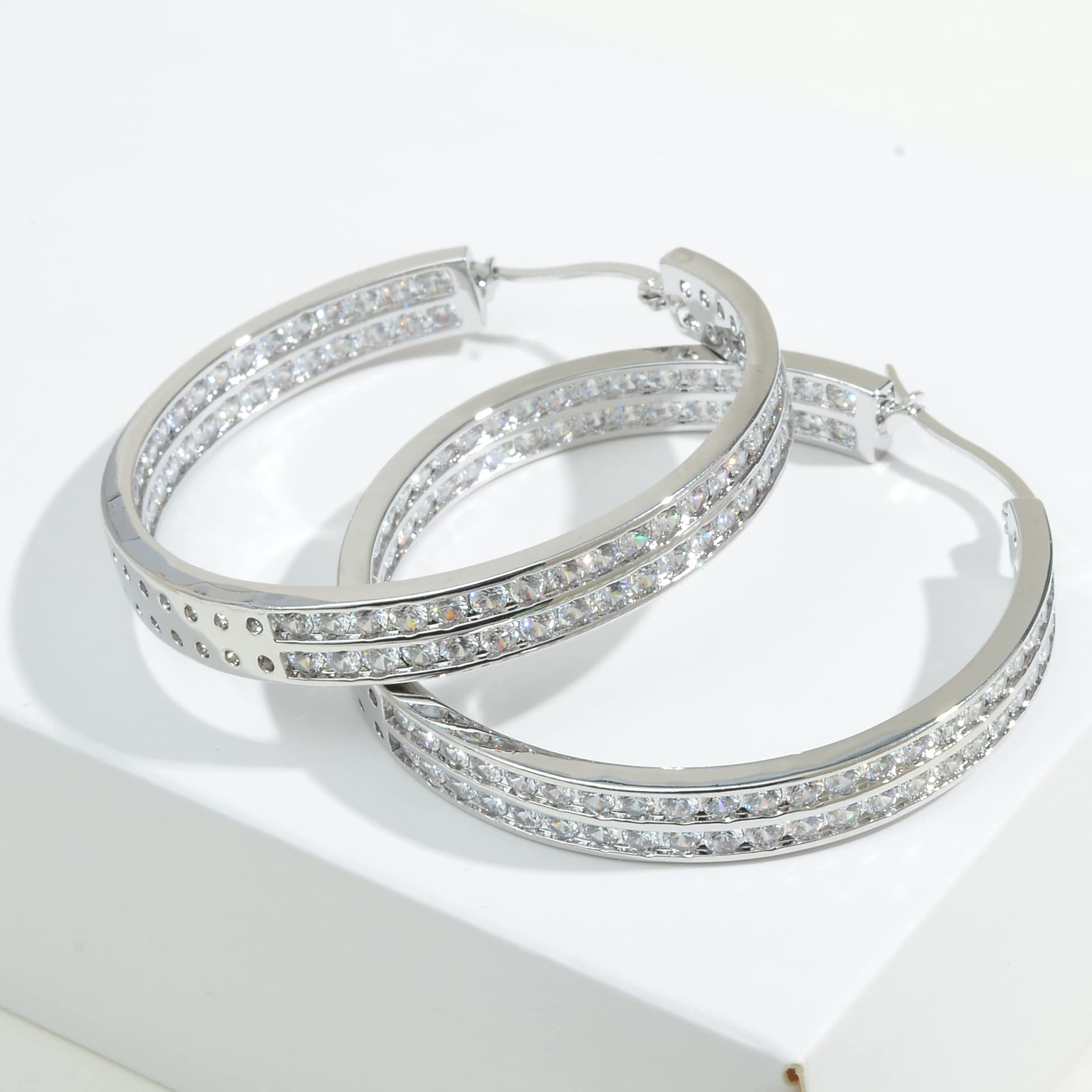 18K White Gold plated Inside-Out Hoop Earrings with Clear CZ 45mm