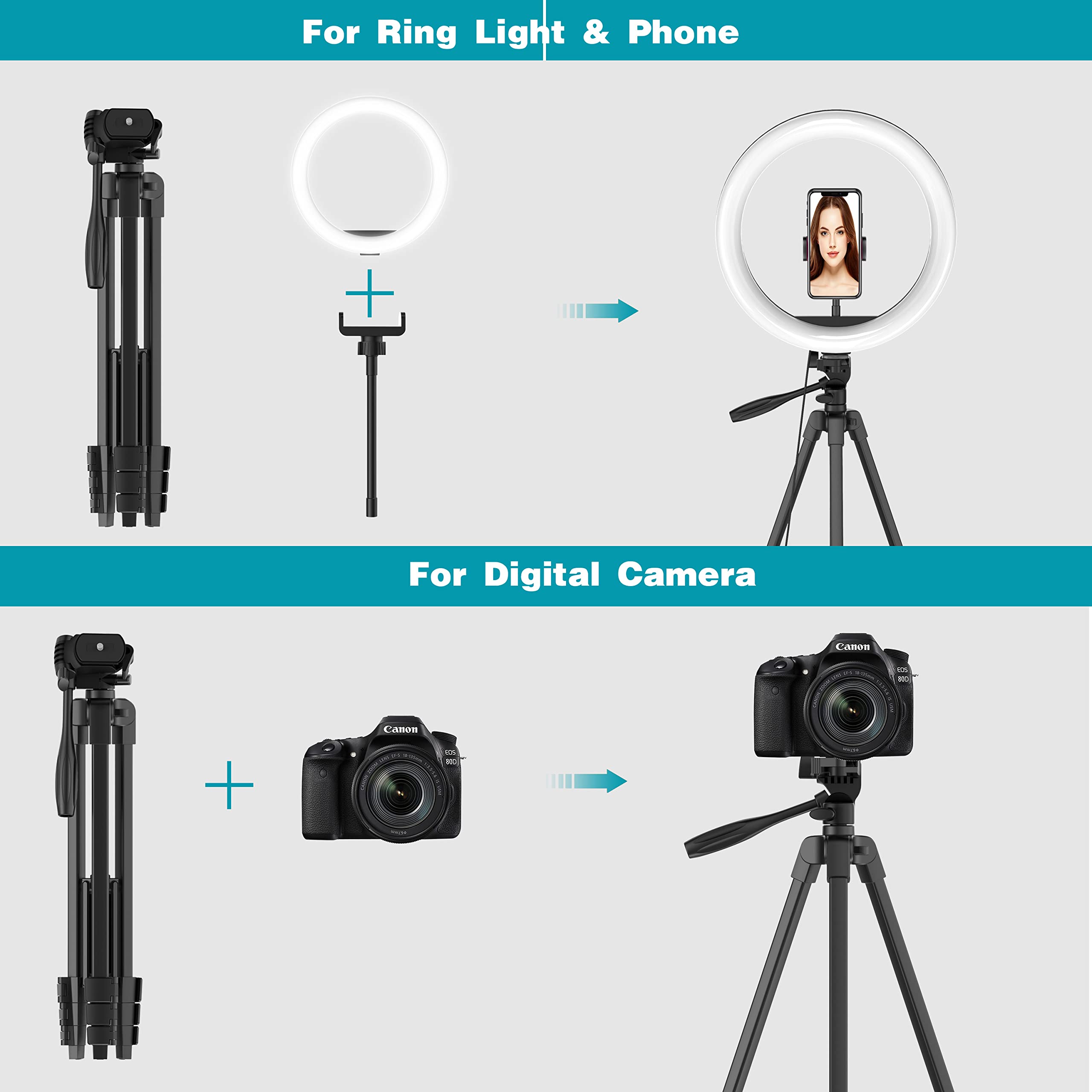 12.2" Ring Light with 54'' Extendable Tripod Stand & Cellphone Holders for Live Stream/Makeup/YouTube Video, Dimmable LED Beauty Selfie Ringlight for TikTok Photography, Color Temperature 3000-6000K