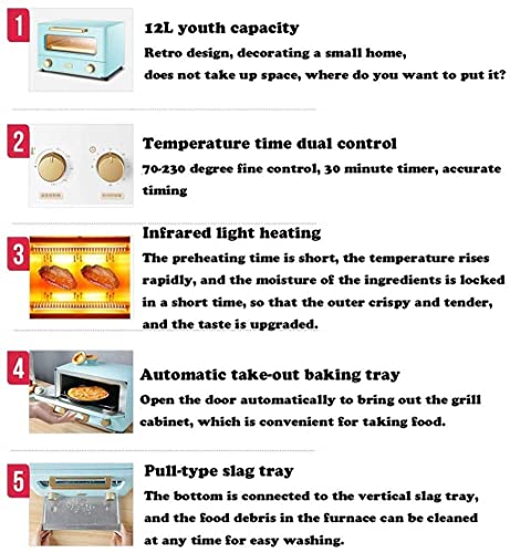 12L Mini Oven,Electric Cooker and Grill Home Baking Small Oven Timer Double Glass Door Top and Bottom Heat Convection Countertop Toaster Oven (White) (White)