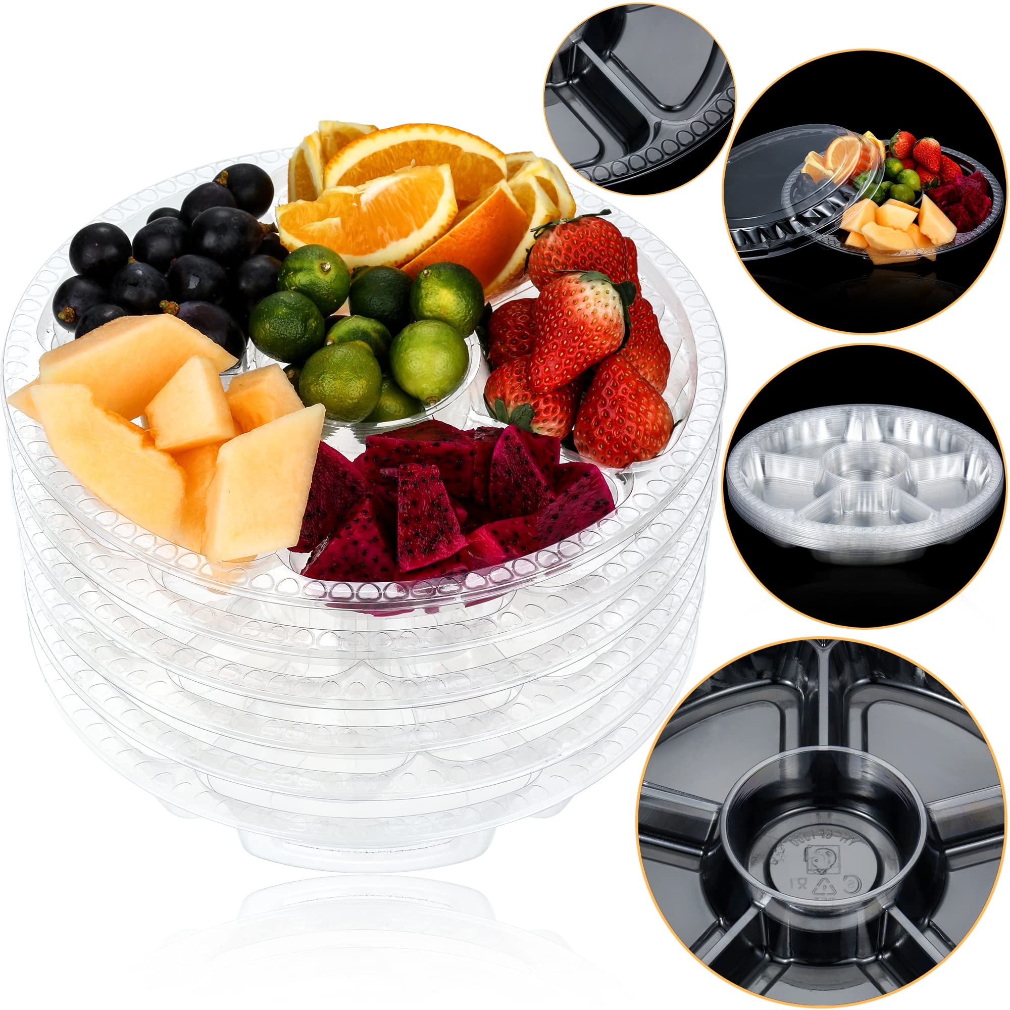 12 Pack Round Plastic Veggie Tray with Lid Fruit Tray 6 Divided Compartment Container Food Serving Dip Platter Reusable Catering Trays for Veggie Fruit Snack Party and Buffet Trays(Clear,10inch)