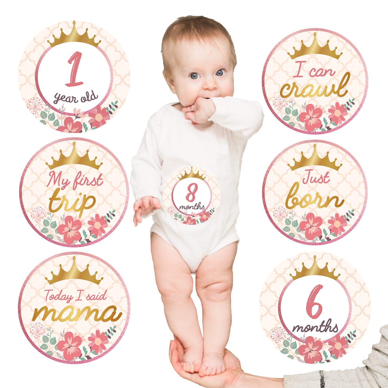 Baby Monthly Milestone Stickers, (Set of 20) Baby Belly Stickers with Crown Rose Gold Flower, Best Baby Shower Registry Gift, Scrapbook Photo Keepsake or Baby Photo Sharing Milestone Sticker.