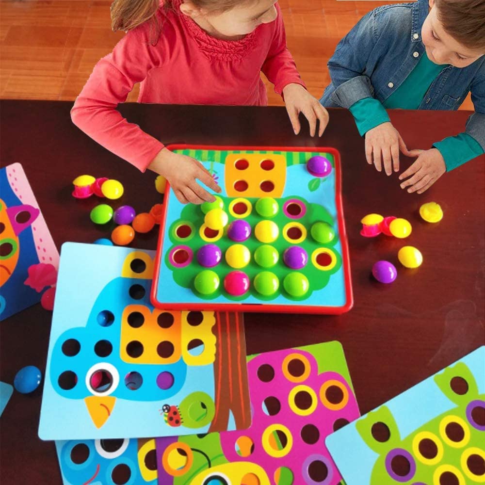 58 Pcs Button Art Toys for Toddlers,Toddler Activities Crafts for Toddlers 2-4 Years,Color Matching Mosaic Pegboard Early Learning Educational Toys,Include 12 Pictures and 46 Buttons with Box