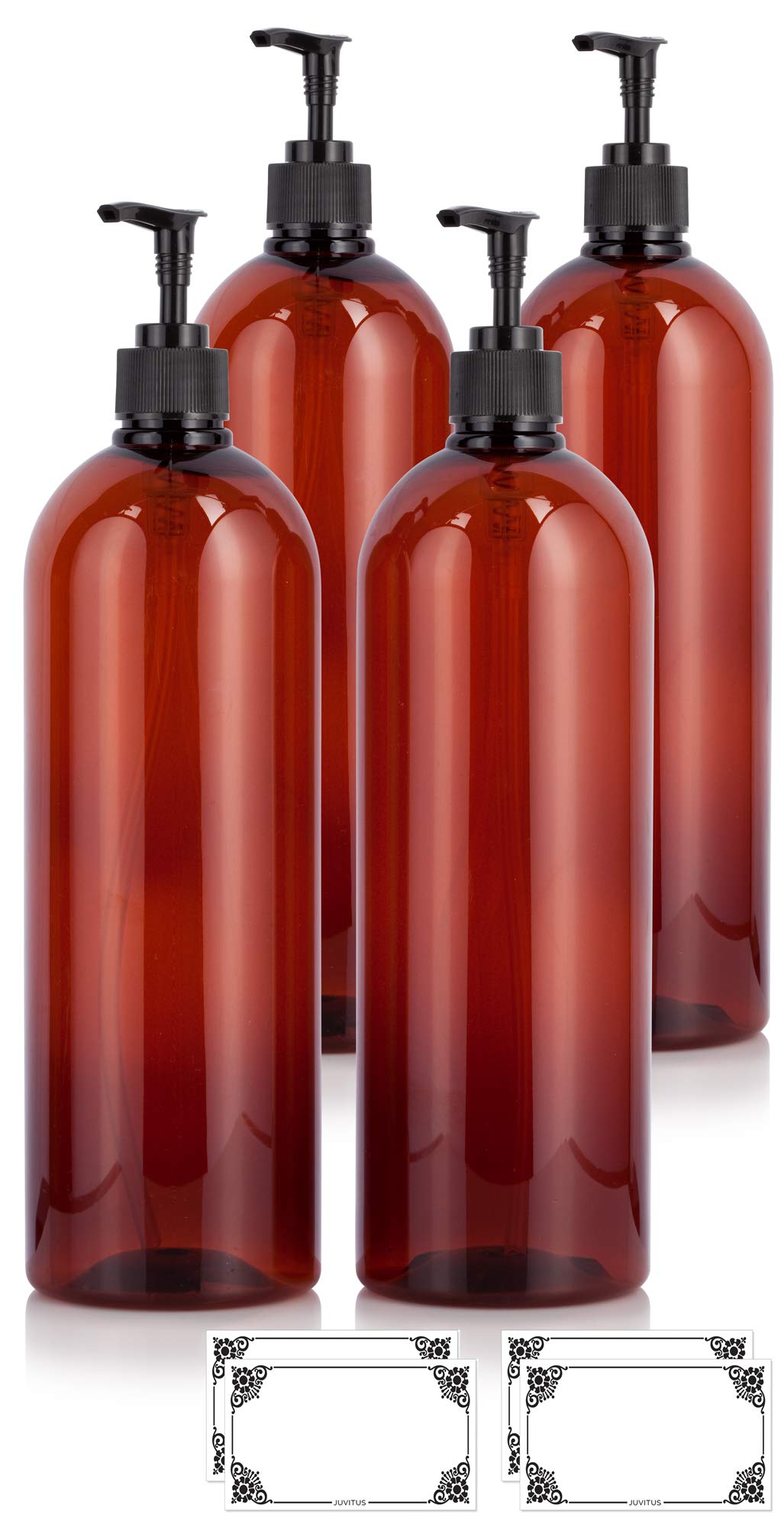 32 oz Amber Large Boston Round PET Plastic Bottles (BPA Free) with Black Lotion Pump (4 Pack) + Labels