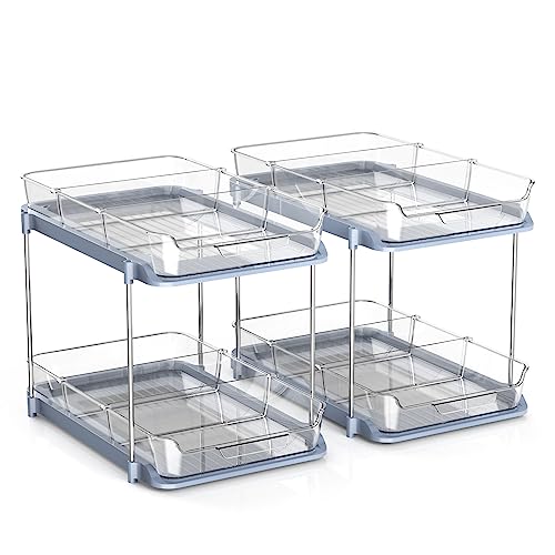 2 PCS Under Sink Organizers and Storage - 2 Tier Clear Bathroom Organizer Countertop, Multifunction Pull out Cabinet Organizer with 4 Movable Dividers, For Home, Kitchen, Office, Cabinet