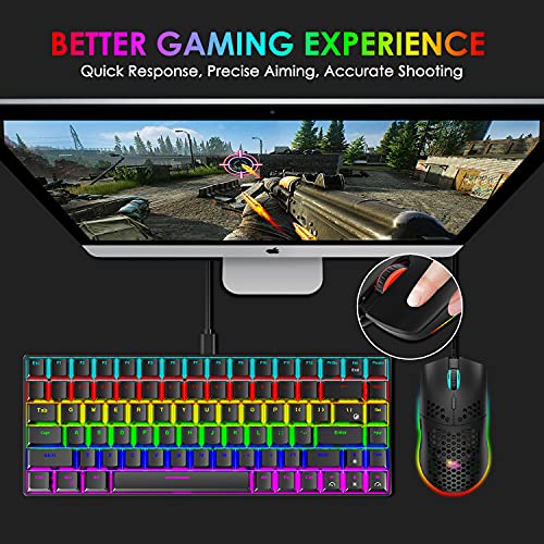 Gaming Keyboard and Mouse with Mechanical Red Switch Rainbow Backlit Wired Type-C 84 Keys Anti-ghosting,RGB 12000 DPI Lightweight Honeycomb Shell Gaming Mouse,Large Mouse Pad for PC Gamers(Black)