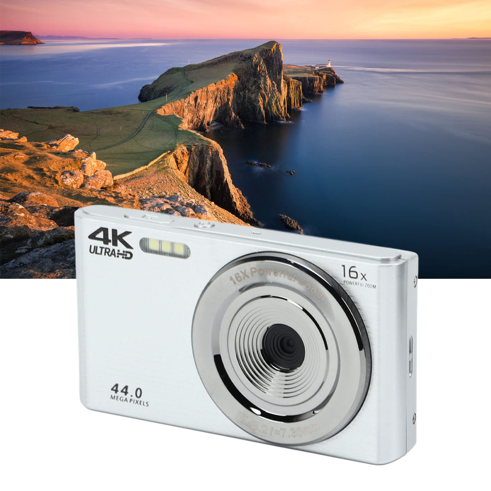 16X Digital Zoom Camera, 2.8" Screen 4K HD Camera, Built-in Fill Light, 44MP Shockproof HD Camera with Plastic Housing for Photography (Silver)