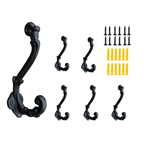 6 Pack Cast Iron Wall Hooks Antique Vintage Rustic Farmhouse Coat Hooks, Great for Coats, Bags, Towels, Hats, Mounting Screws Included