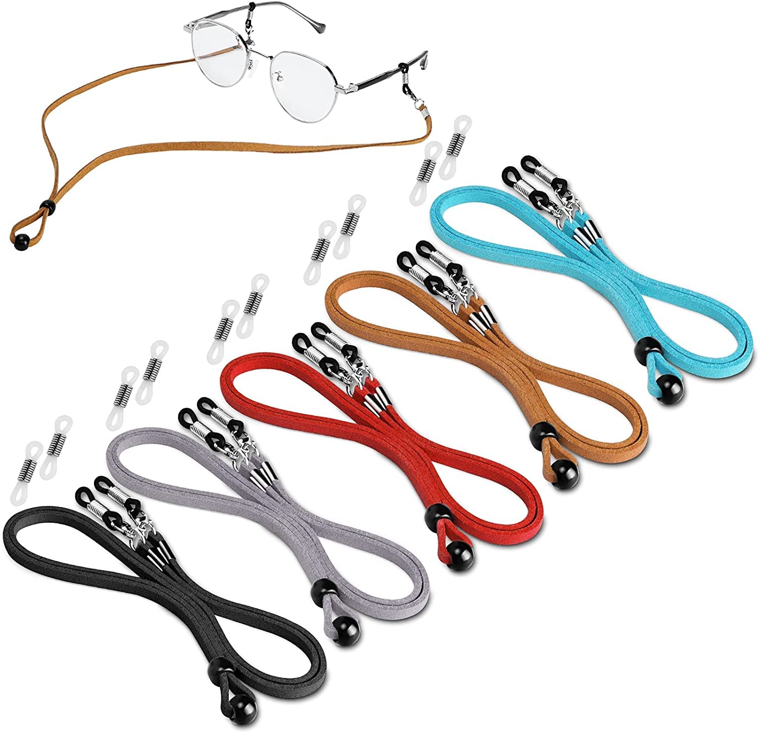 HMLFTIE 5pcs Eyeglass Strap Women Men Adjustable Anti Slip Leather Eyewear Retainers Sunglasses and Reading Eyeglass Lanyard (Black Red Brown Grey Blue)