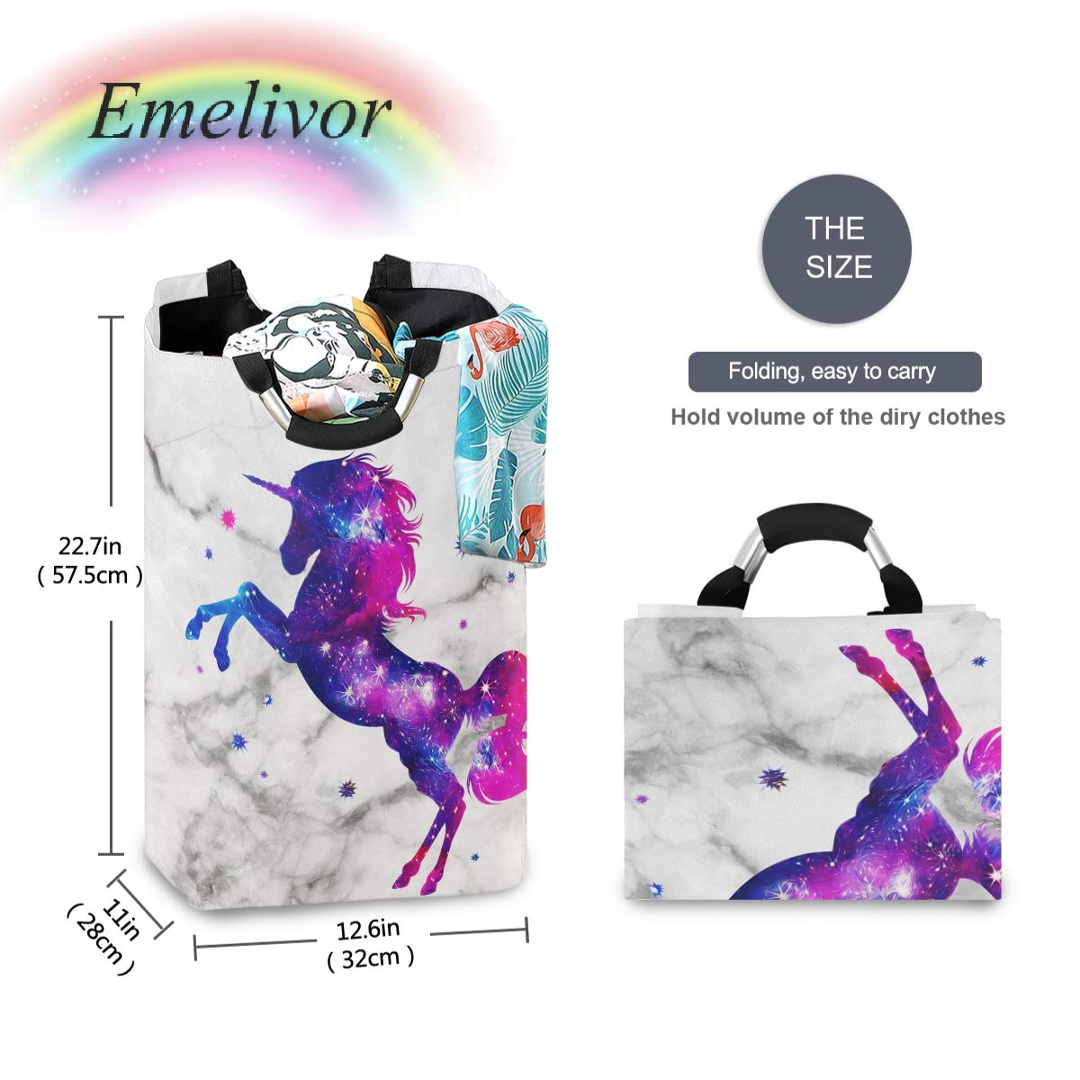 Emelivor Laundry Baskets with Handles - White Marble Galaxy Unicorn Large Laundry Hamper Collapsible Waterproof Laundry Storage Basket for Home Nursery