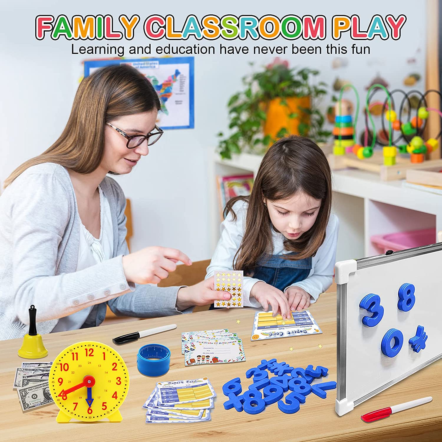 Alritz Pretend Play Teacher Set Classroom Learning Education Includes Reusable White Board Bell Clock and More, Be Teacher Student, for Boys Girls 5 6 7 8 9 10 11 12 Years Old