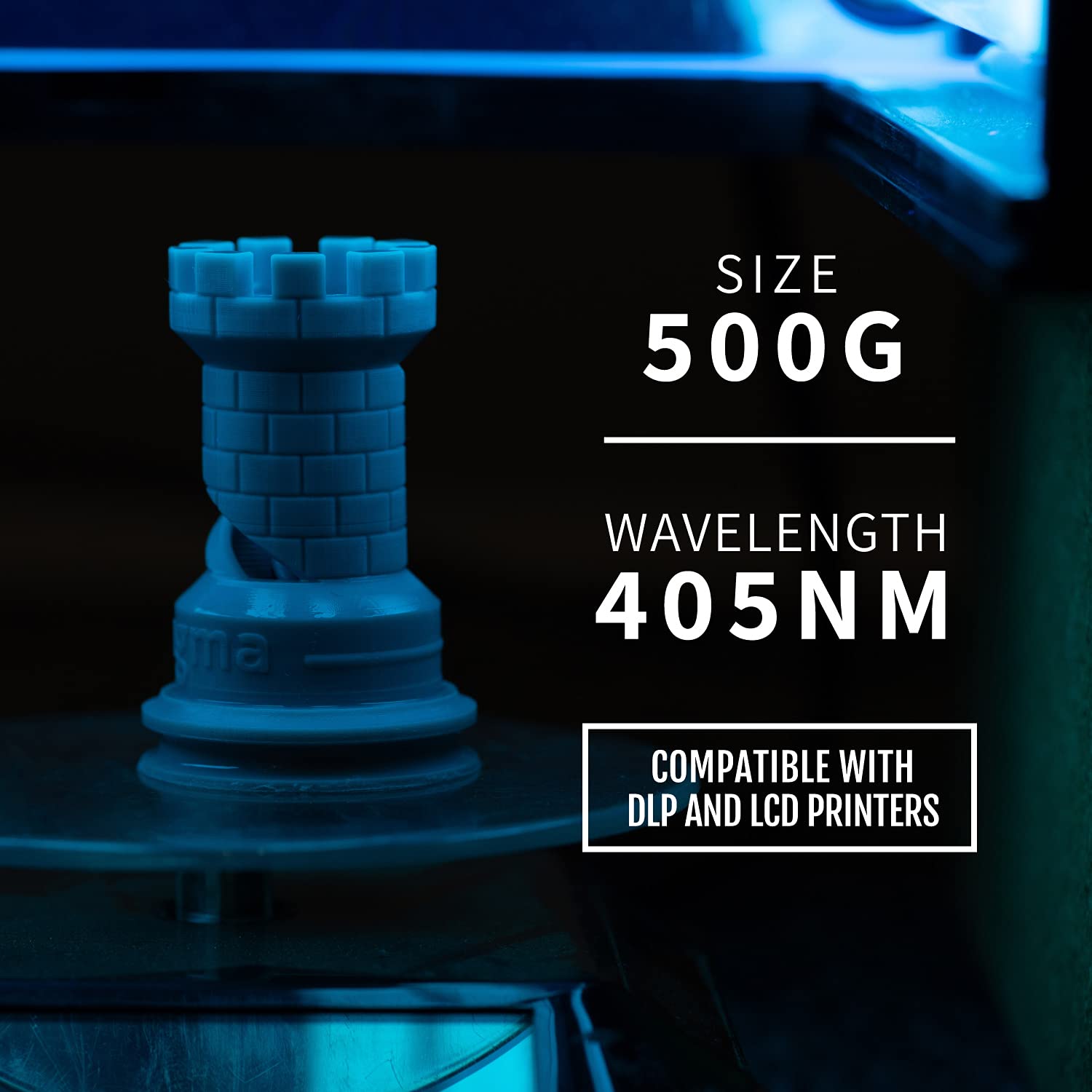 HATCHBOX 3D Printer Resin, High Precision Non-Brittle 405 nm UV Curing Photopolymer for LCD DLP Printing, 500ml Bottle – Transparent Blue