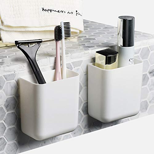 MOSUNKA Self Adhesive Wall Mounted Storage Box Bathroom Makeup Wall Organizer White Pen Holder Remote Cellphone Holders for Bedroom Home Decor Kicthen Room 2Pcs