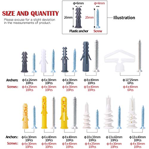 Hilitchi 212-Pcs [11-Sizes] Plastic Drywall and Hollow-Wall Anchor with Screws Assortment Kit, Wall Anchor Hooks Toggle Set