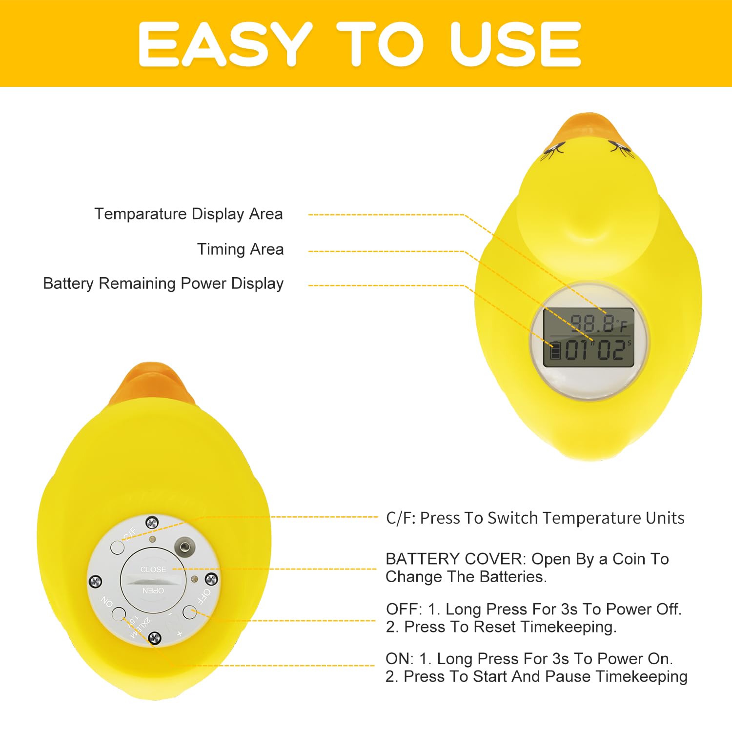 Baby Bath Tub Water Thermometer - (Upgraded Version) Digital Water Temperature Thermometer & Room Thermometer, Duck Floating Toy for Infant Toddler Bathtub Pool with Temperature Warning