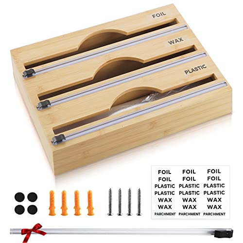3 in 1 Wrap Dispenser with Cutter and Labels,Foil and Plastic Wrap Organizer for Kitchen, Storage Organizer for Aluminum Foil and Wax Paper,Wall Mount Bamboo Roll Organizer HolderïŒSend Slide Knife