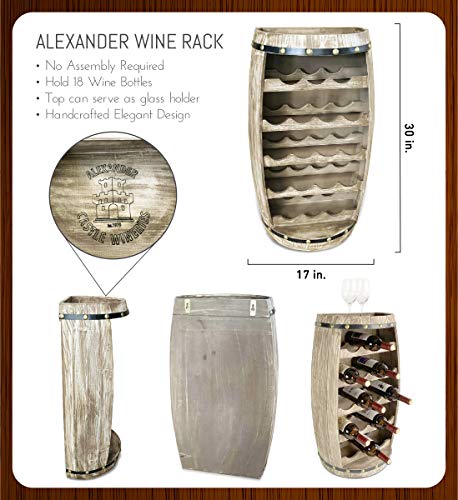 CoTa Global Modern Alexander Wall Mounted Wine Rack - 18 Wine Bottles Freestanding Wooden Barrel Wine Holder, Hanging Bottle Rack or Floor Stand, Wine Storage Shelf Organizer for Wine Bar, Home Décor