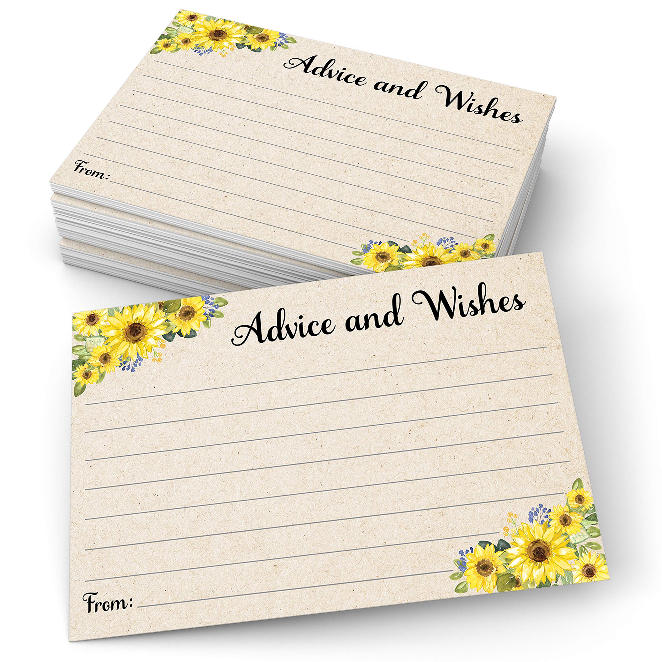 321Done Advice and Wishes Cards Sunflowers (50 Cards) 4x6 Rustic Kraft Watercolor Flowers for Wedding, Bridal, Retirement, Graduation, Anniversary - Made in USA - Tan