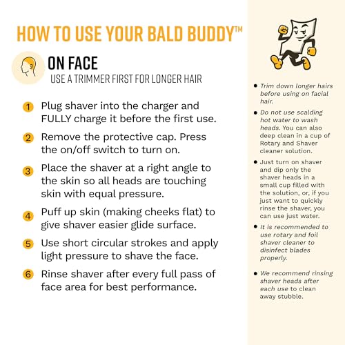 Head Shaver for Bald Men, Water-Resistant, Replaceable Head, Rechargeable, Electric, Cordless, Ergonomic, Bald Buddy