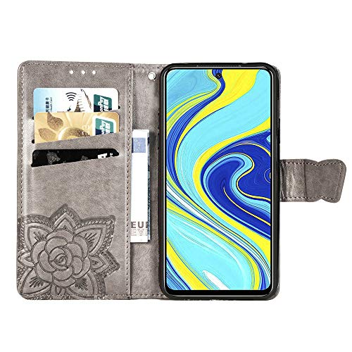 COTDINFORCA Case for Redmi Note 9 Pro, Redmi Note 9S Case Flip Card Cash Leather Wallet Case Embossed Butterfly PU Shockproof Case Cover for Xiaomi Redmi Note 9 Pro Max SD Flower Butterfly Gray