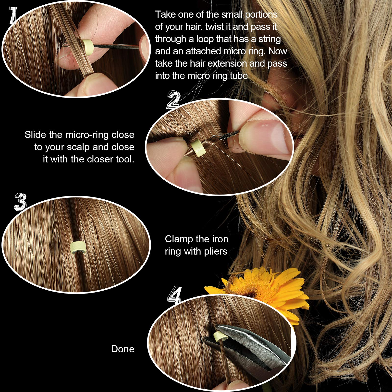 Chuangdi Sew in Hair Extension Tool Kit, 600 Silicone Lined Micro Ring Beads 1 Pliers 2 Hook Needle Pulling Loop 10 Curved Hair Needle 4 Alligator Clips 1 Comb 100 Black Mini Rubber Band