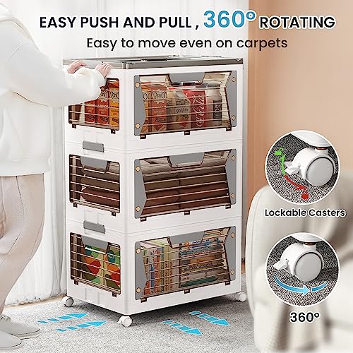 14 Gal Large Stackable Storage Bin with Lid, Plastic Clear Collapsible Storage Bins with Wheels, Foldable Closet Organizers and Storage Bins, Containers for Dorm Room Essentials, Pantry 6 PACK