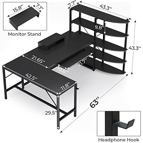 SEDETA L Shaped Computer Desk, 63'' Corner Gaming Desk, Computer Desk with Storage Shelves, Keyboard Tray, Monitor Stand and Headphone Hook, Corner Gaming Desk with LED Lights, Black