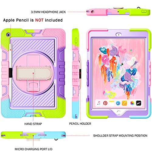Hocase for iPad 6th/5th Generation Case, iPad 9.7 2018/2017 Case, with Pencil Holder, 360 Rotation Stand & Hand Strap, Rugged Shockproof Soft Silicone Hard Protective Case for Kids & Girls - Rainbow