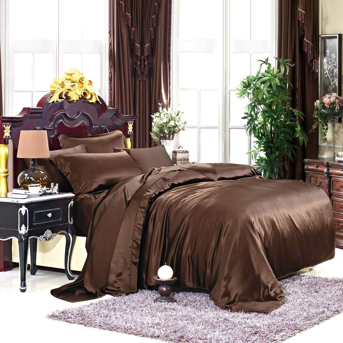 ABP Collection Duvet Set - Full, Chocolate Soft Silky Satin Duvet Cover Sets (1 Button Closure Duvet Cover, 1 Fitted Sheet with 18" Deep Pocket, 2 Pillow Shams) 4 Pieces Duvet Cover Set