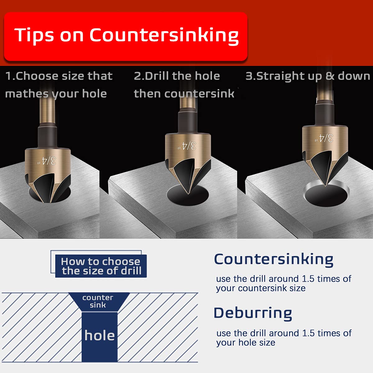 Countersink Drill Bit Set 5PCS 4241 HSS 82 Degree 5 Flute 1/4 Inch Round Shank Mill Cutter Bit Sizes 1/4 3/8 1/2 5/8 3/4 Drill Bits