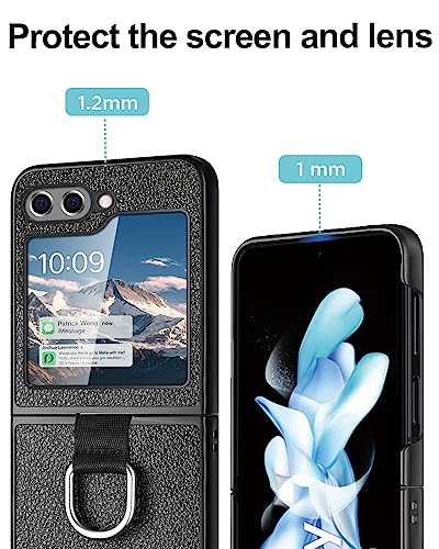 AICase for Samsung Galaxy Z Flip 5 Case Leather, Slim Protective Shockproof Phone Case with Ring for Galaxy Z Flip 5 5G, Black