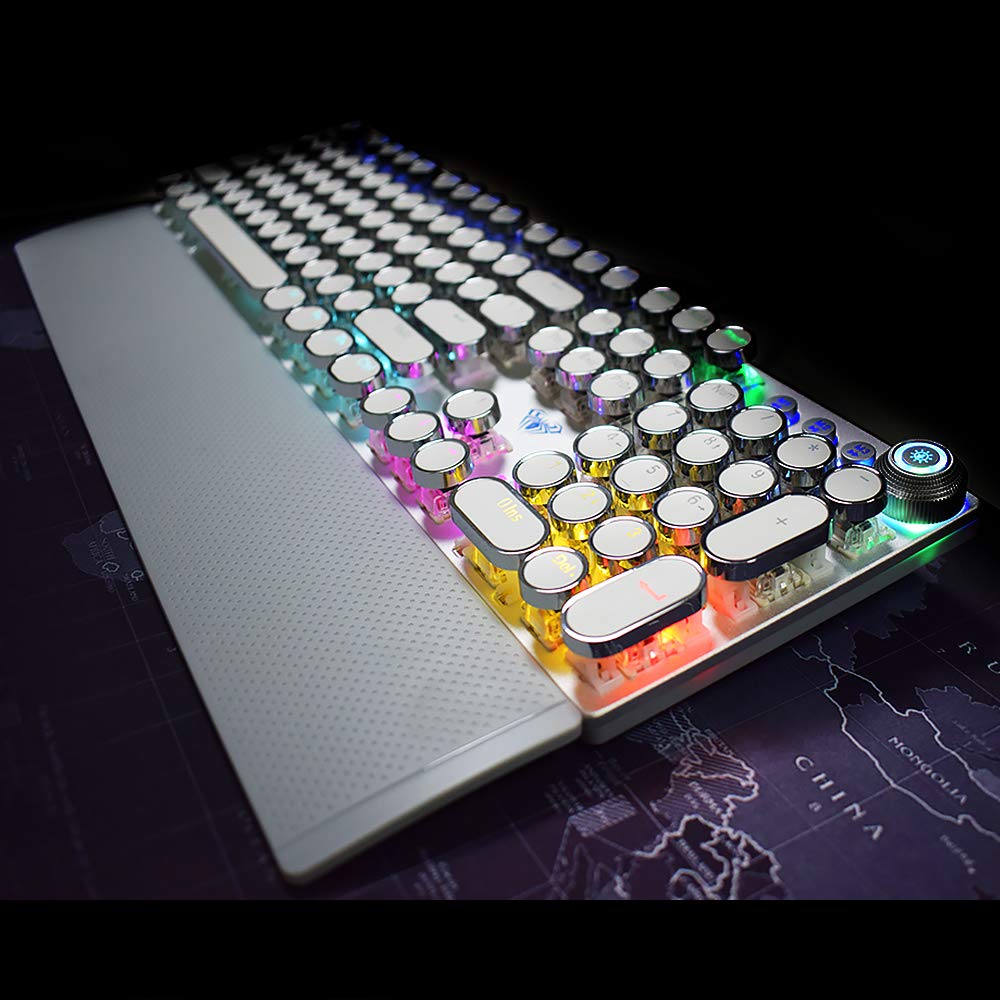 CHICHEN Mechanical Gaming Keyboard,USB Wired,Retro Steampunk Typewriter Keyboard Round Keycaps,Moveable Wrist Rest,for Laptop Desktop PC (Silver-Blue Switches)