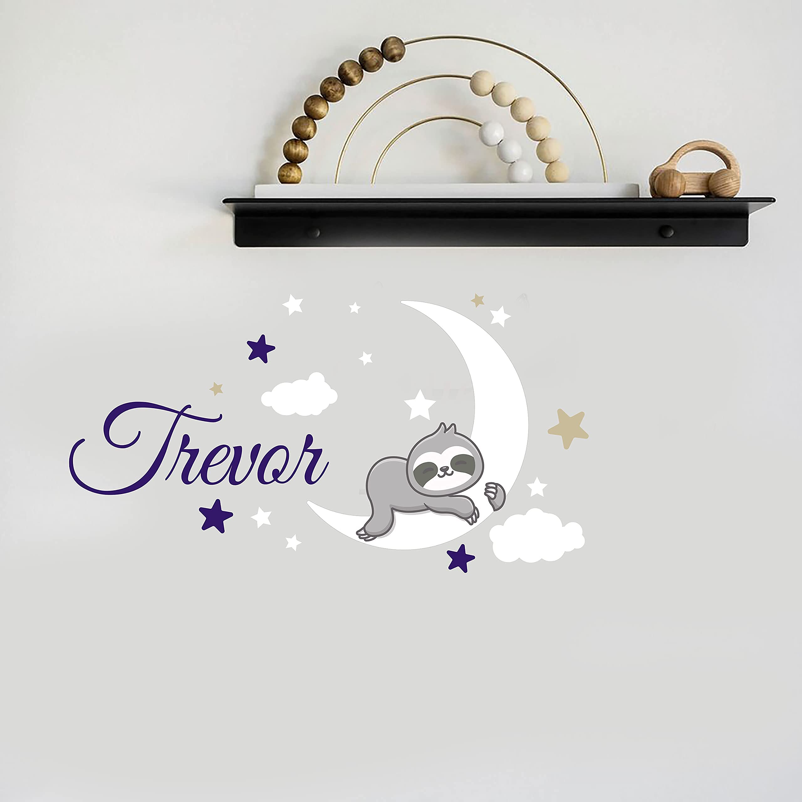 waldo Custom Name Sloth Moon Stars Nursery Wall Decal - WM45. Removable Nursery Wall Decal for Baby Room - Mural Wall Decal for Kids