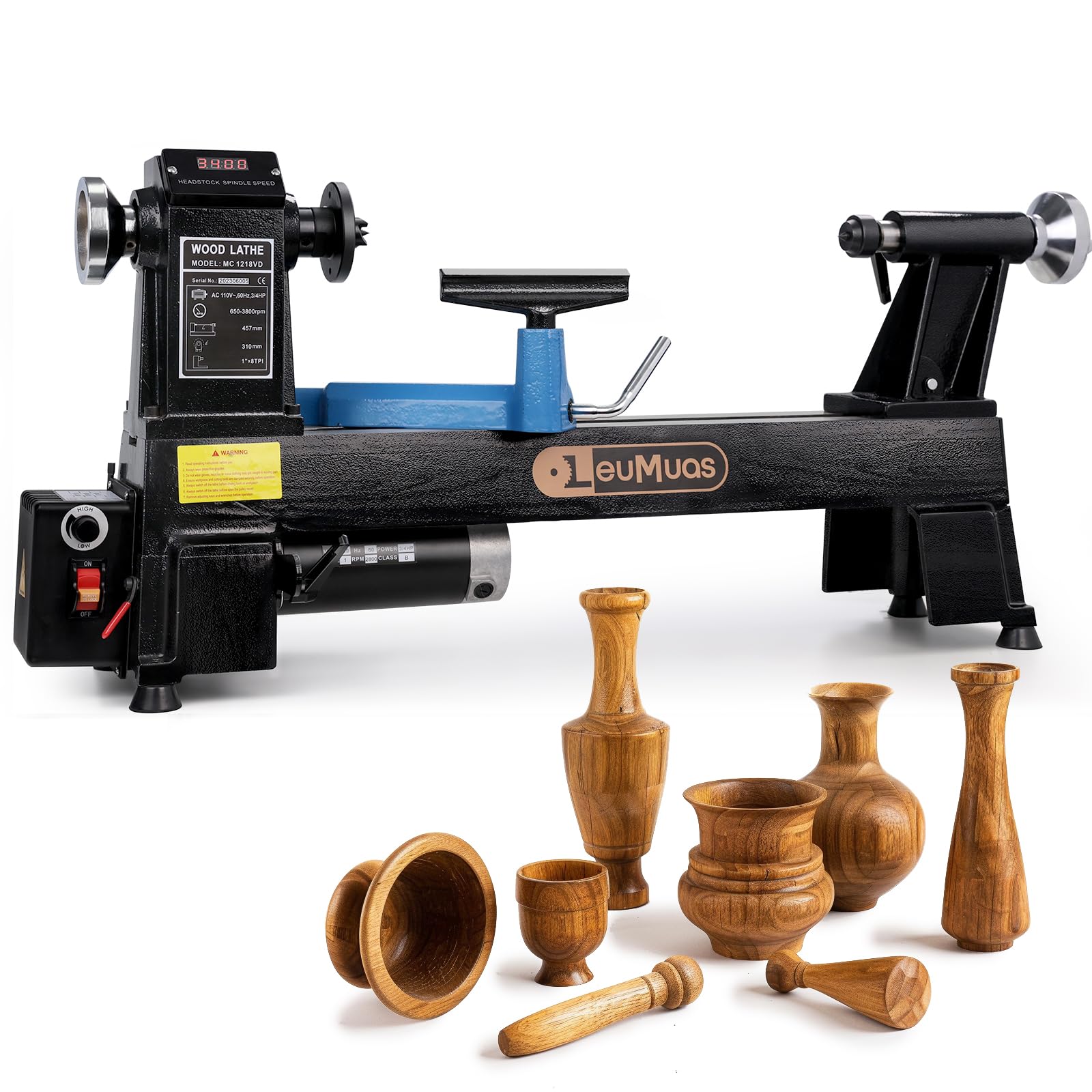 12"X18" Wood Lathe Machine Infinitely Variable Speed 3/4HP Benchtop Wood Lathe 650-3800 RPM With Digital Speed Indicator Solid Heavy Cast Iron Lathe Machine