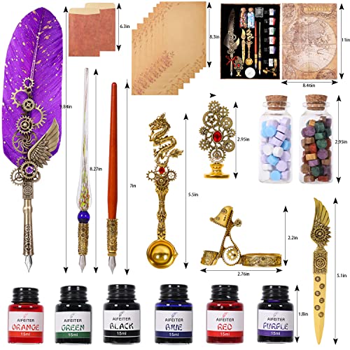 Aifeiter Feather Pen Ink Set,Quill Pen Ink Set,Wax Seal Stamp Set,Feather Calligraphy Pen Set,Birthday Present,Christmas Gifts,Holiday Ideal Gift(purple)